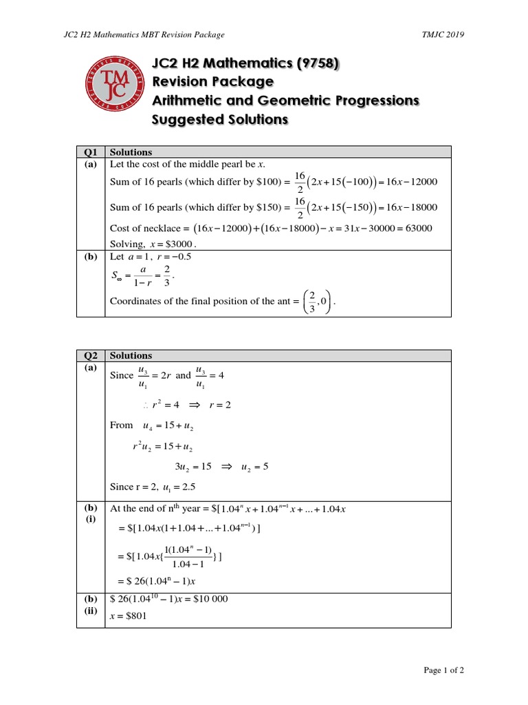 JC2 H2 Mathematics (9758) Revision Package Arithmetic and Geometric ...