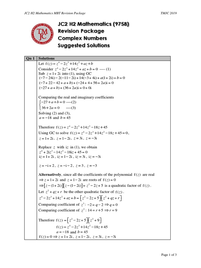 H2 MBT Revision Package Complex Numbers Solutions | PDF | Factorization ...