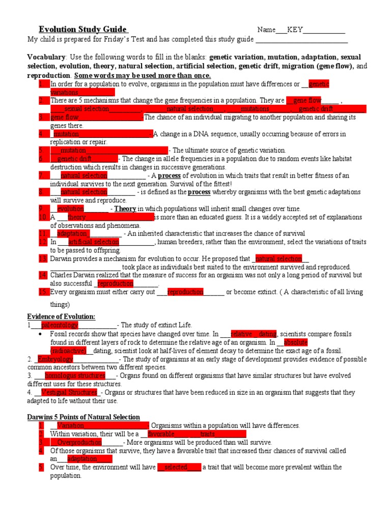 Study Guide Answers | PDF | Evolution | Natural Selection