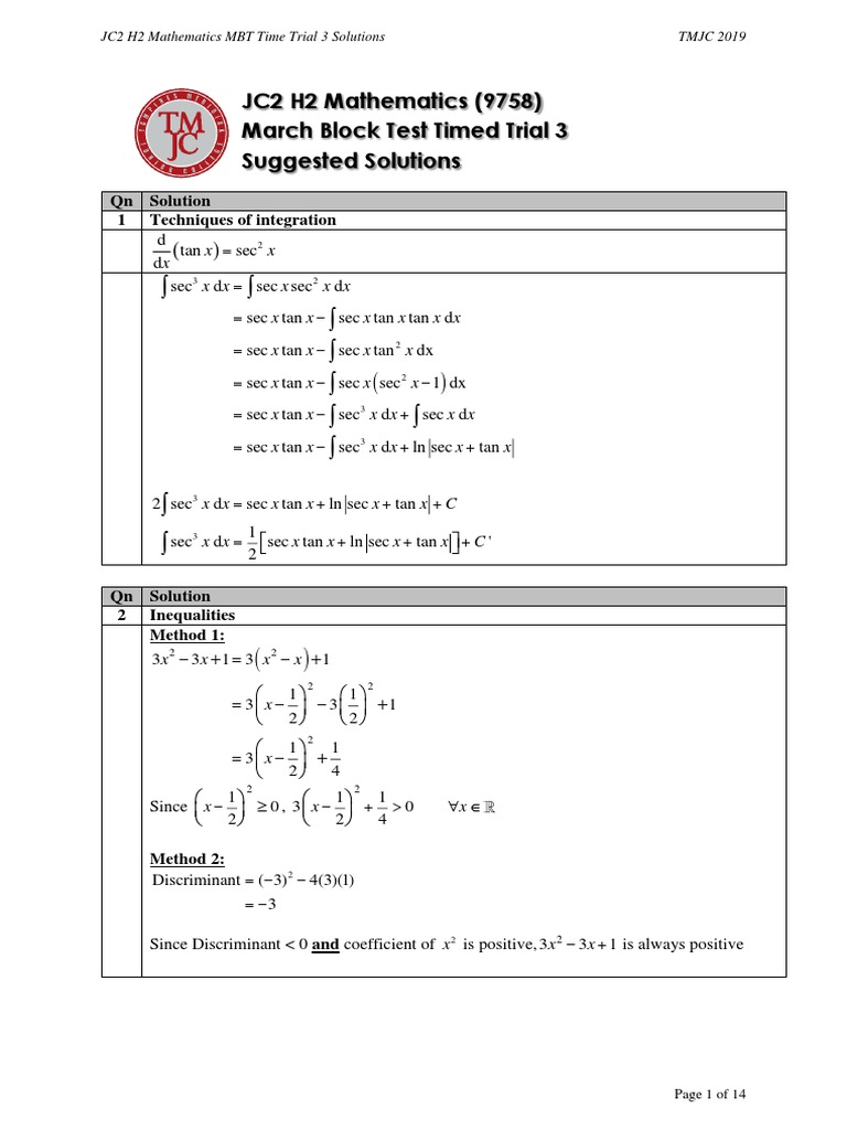 March Block Test Timed Trial 3_solutions | PDF | Algebra | Functions ...