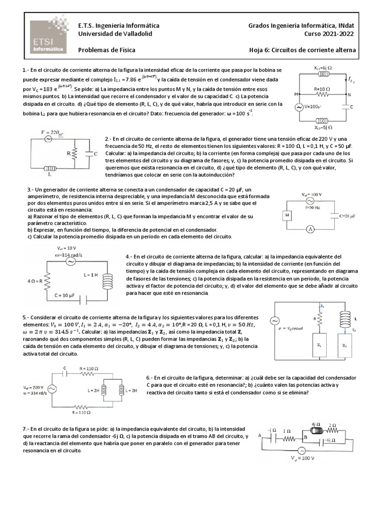 2021-2022 - Problemas - Hoja 6 - Circuitos de Corriente Alterna (Enunciados) | PDF | Impedancia ...