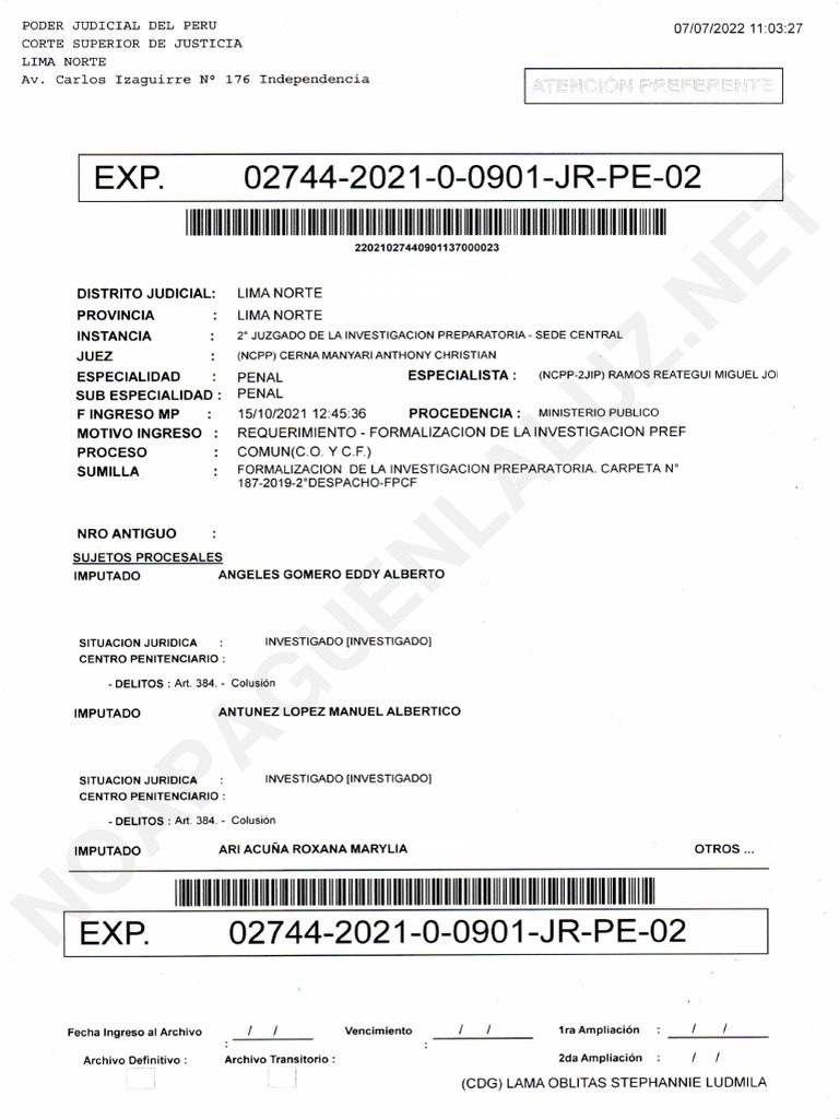 Exp. N.° 02744-2021-0-0901-JR-PE-02 15 OCT 2021. Carátula Proceso Penal Parque Primavera. MDA 1 ...