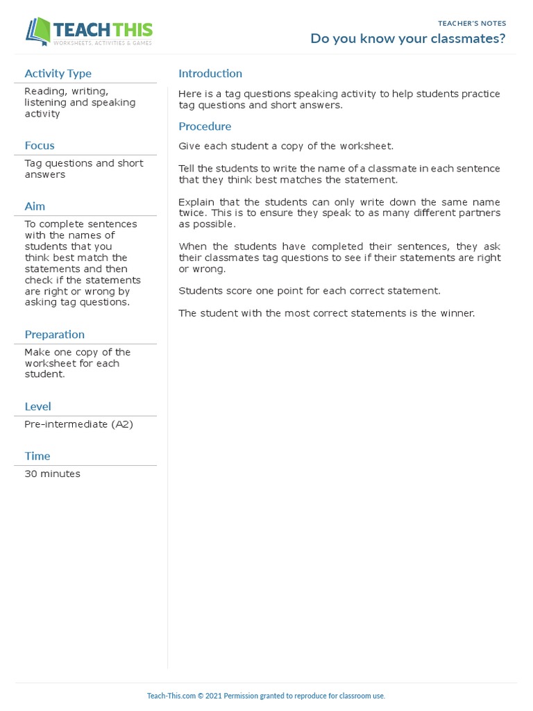 Do You Know Your Classmates?: Activity Type | PDF