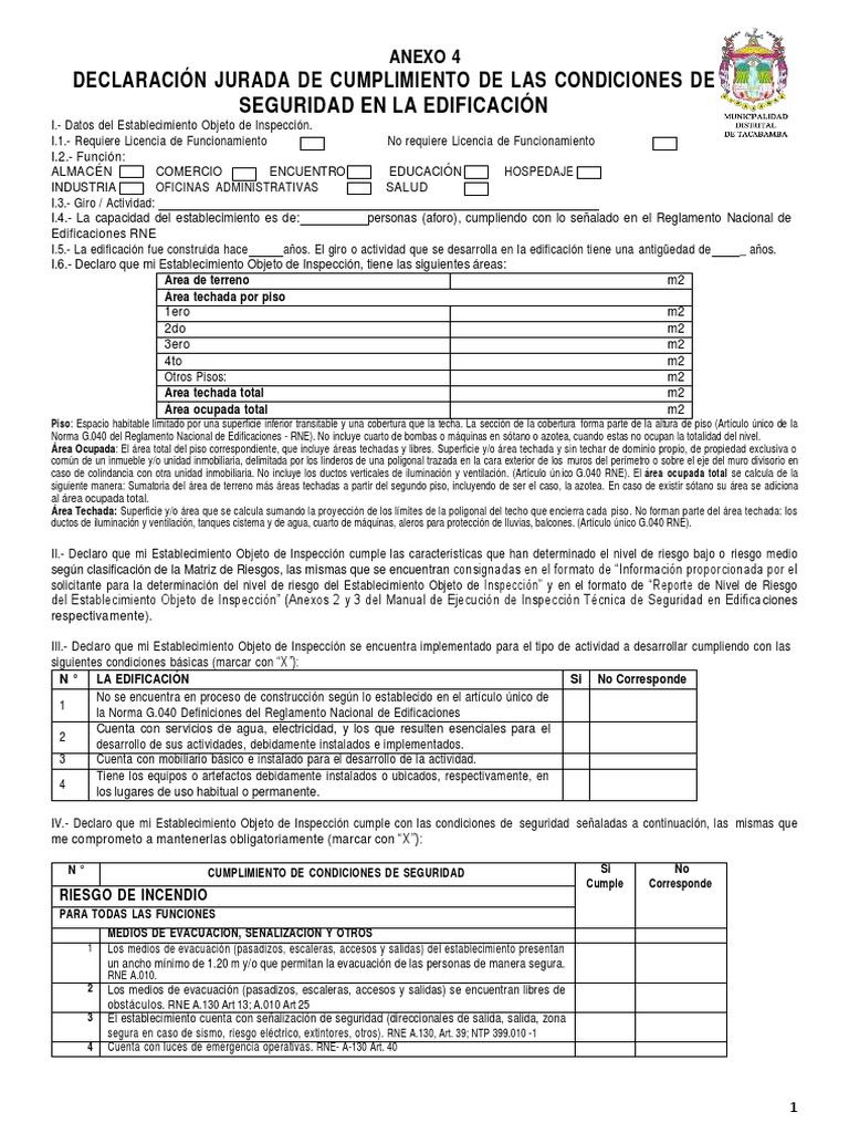 Anexo 4 - Declaracion Jurada ITSE Posterior | PDF | Sótano | Ingeniería de Edificación