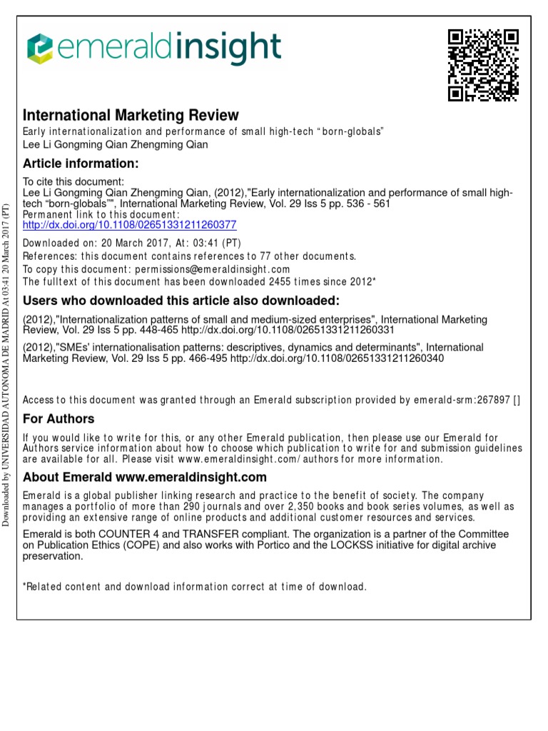 Early Internationalization and Performance of Small High-Tech Born ...