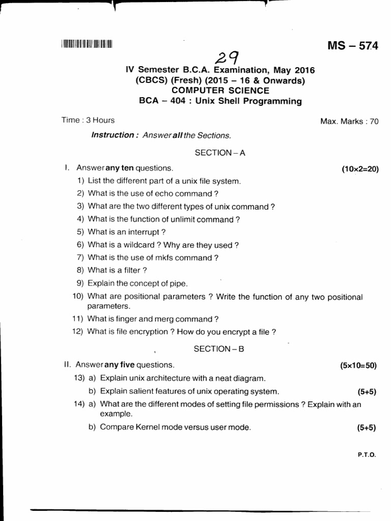 Bca 4TH Sem Unix Question Paper | PDF