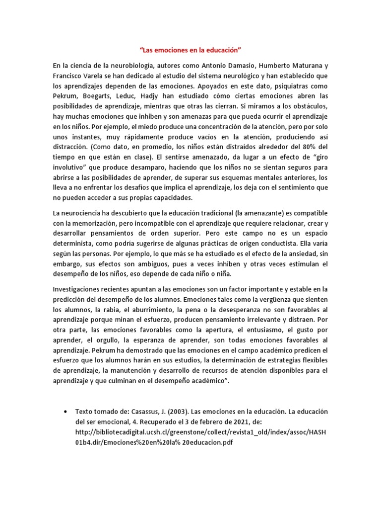 Las Emociones En La Educación Pdf Las Emociones Aprendizaje