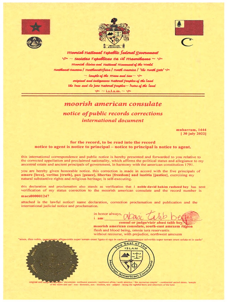 Nationality Proclamation Name Correction: Noble David Hakim Rasheed Bey ...