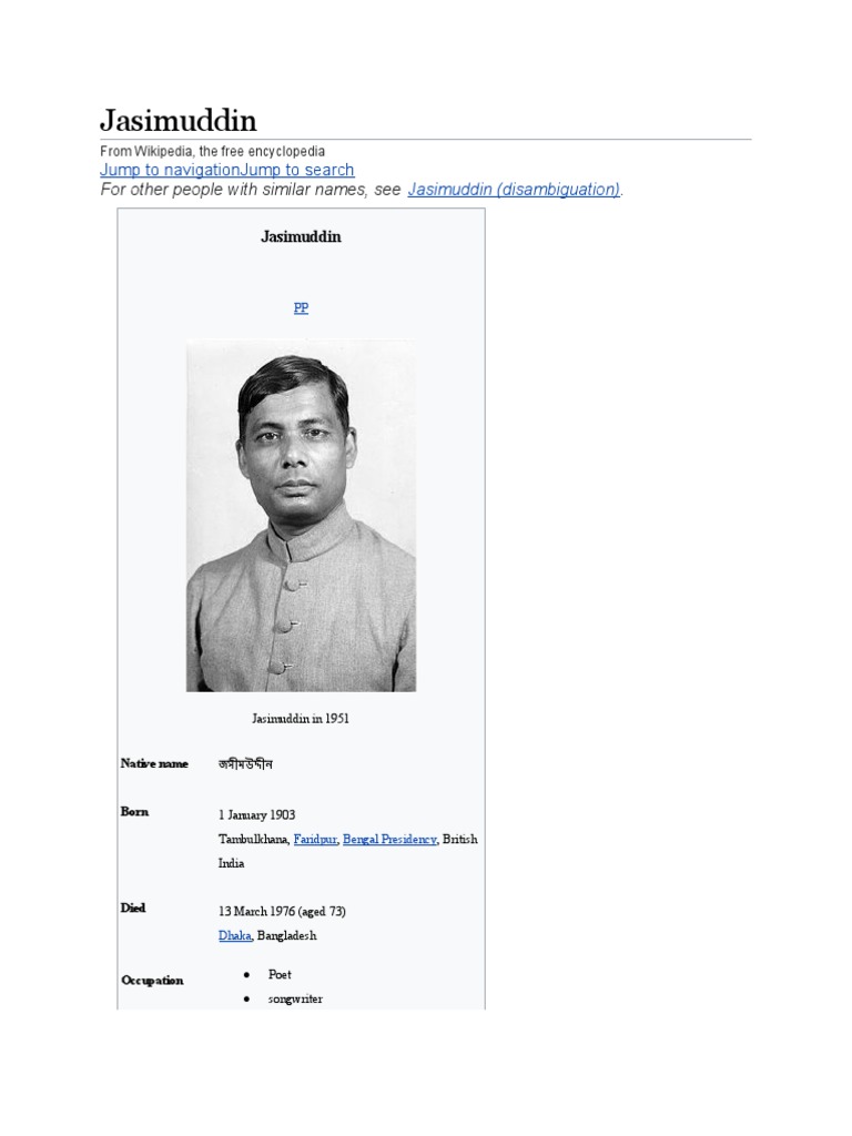 Jasimuddin: Jump To Navigation Jump To Search | PDF | Bangladesh | Bengal