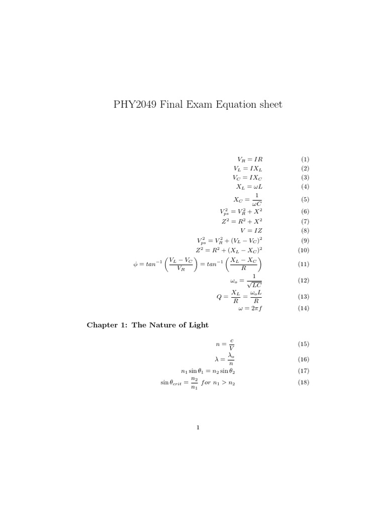 Comprehensive equation sheet covering key concepts and formulas from PHY2049 Final Exam ...