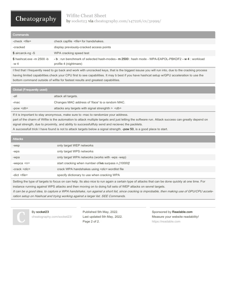 Wifite Cheat Sheet: by Via | PDF | Software | Computer Architecture