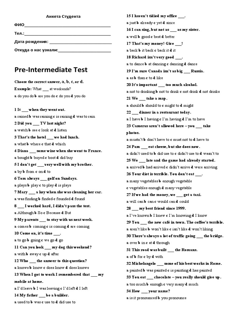 Pre-intermediate-Test-1 | PDF