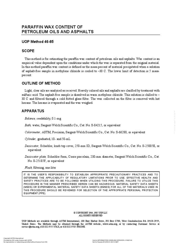 UOP Method 46-85 Ceras de Parafina | PDF | Filtration | Carbon Dioxide