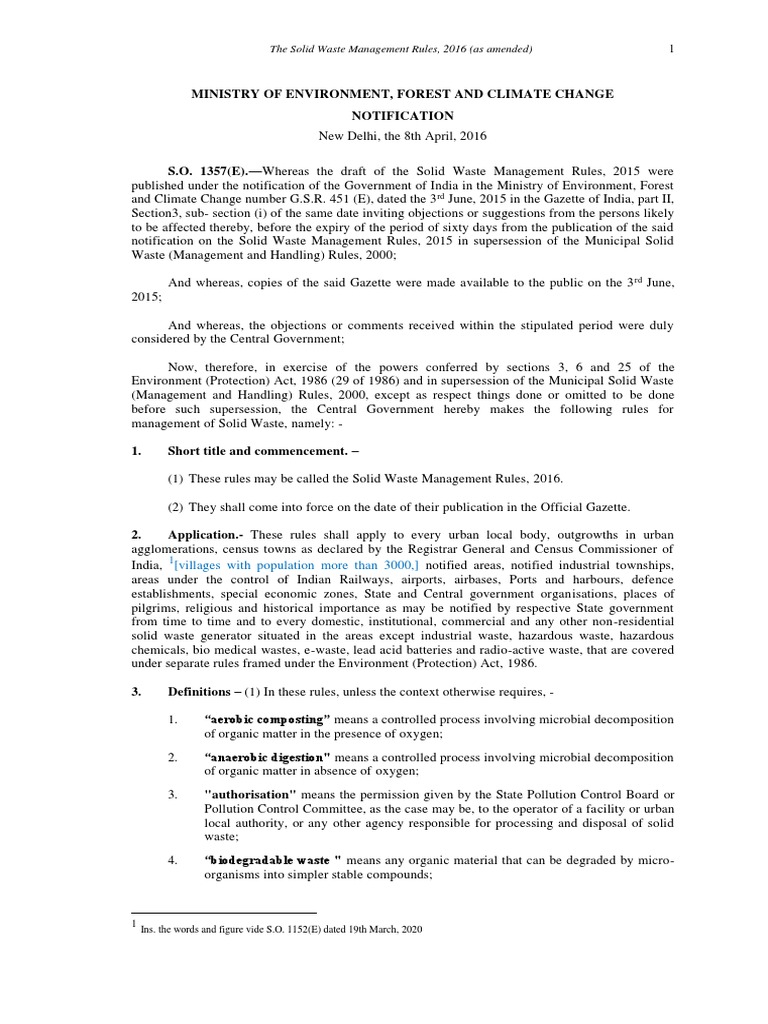 The Solid Waste Management Rules, 2016 (As Amended) 1 | PDF | Waste ...