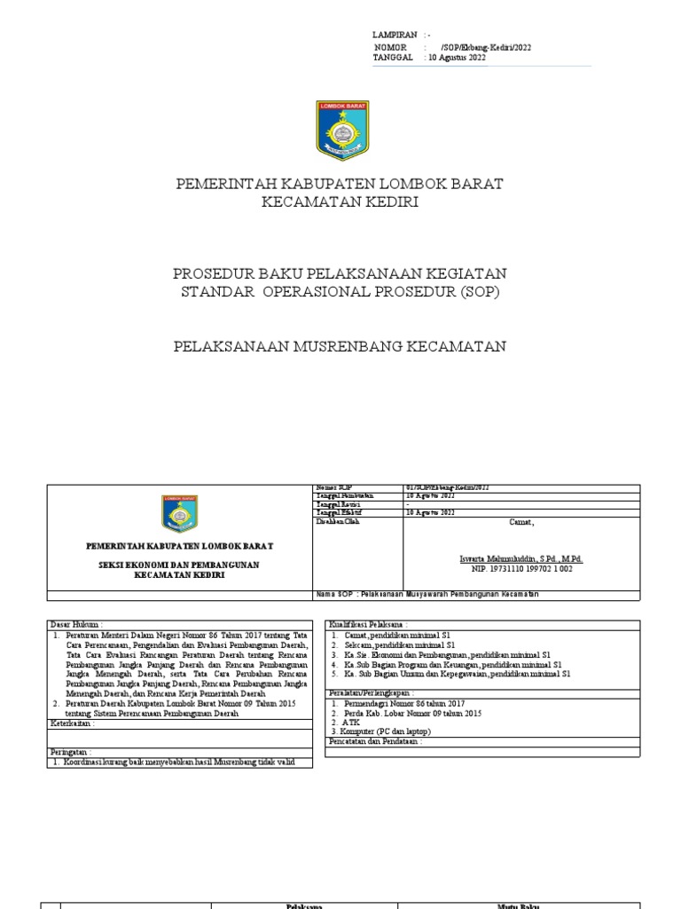 SOP Pelaksanaan Musrenbang Kecamatan | PDF