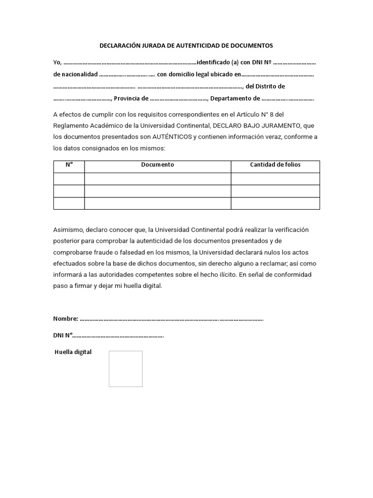 Declaración Jurada de Autenticidad de Documentos Académicos | PDF