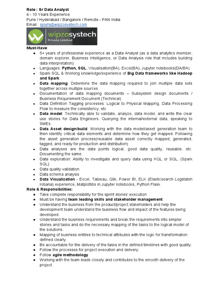 Data Analyst - JD - Wipzo Systech PVT LTD | PDF | Data Analysis | Data