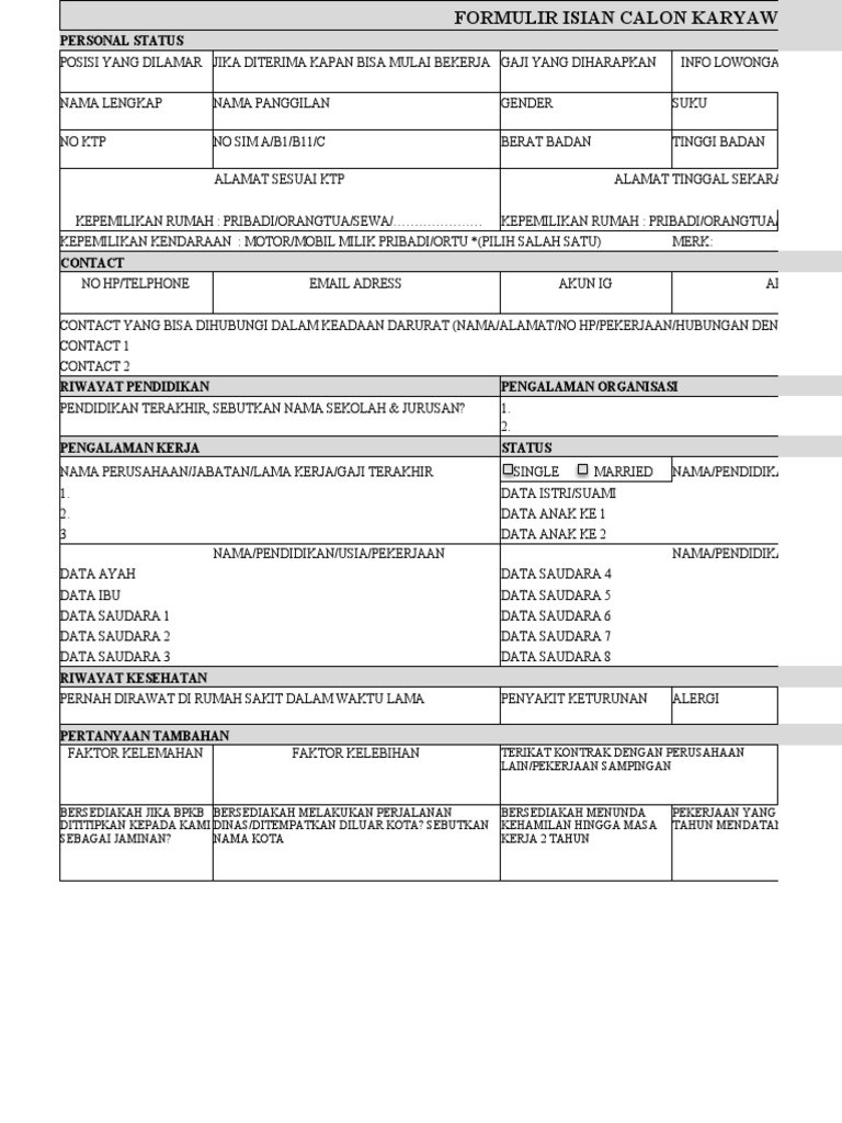 Form Isian Calon Karyawan Terbaru Juni 2020 | PDF