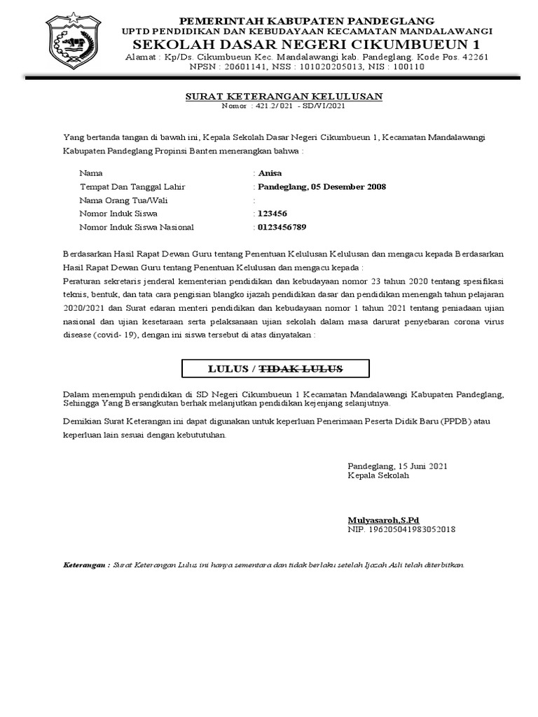 Surat Keterangan Lulus SD 2021 | PDF | Kesehatan Holistik