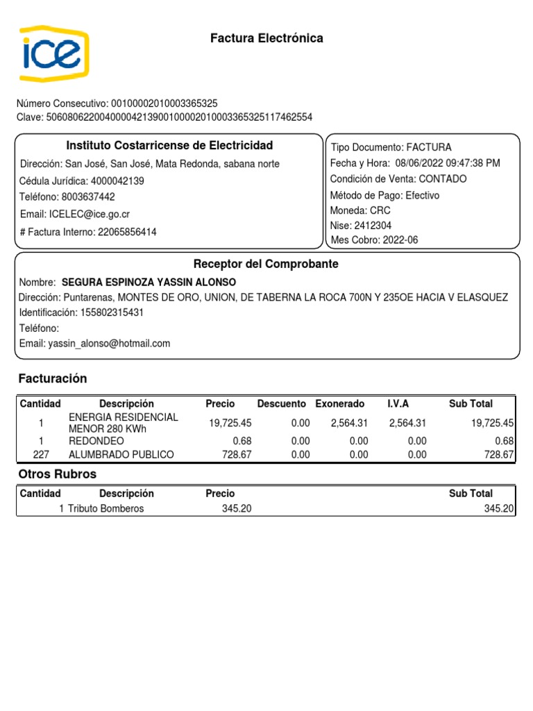 Factura Electrónica: Instituto Costarricense de Electricidad | PDF ...