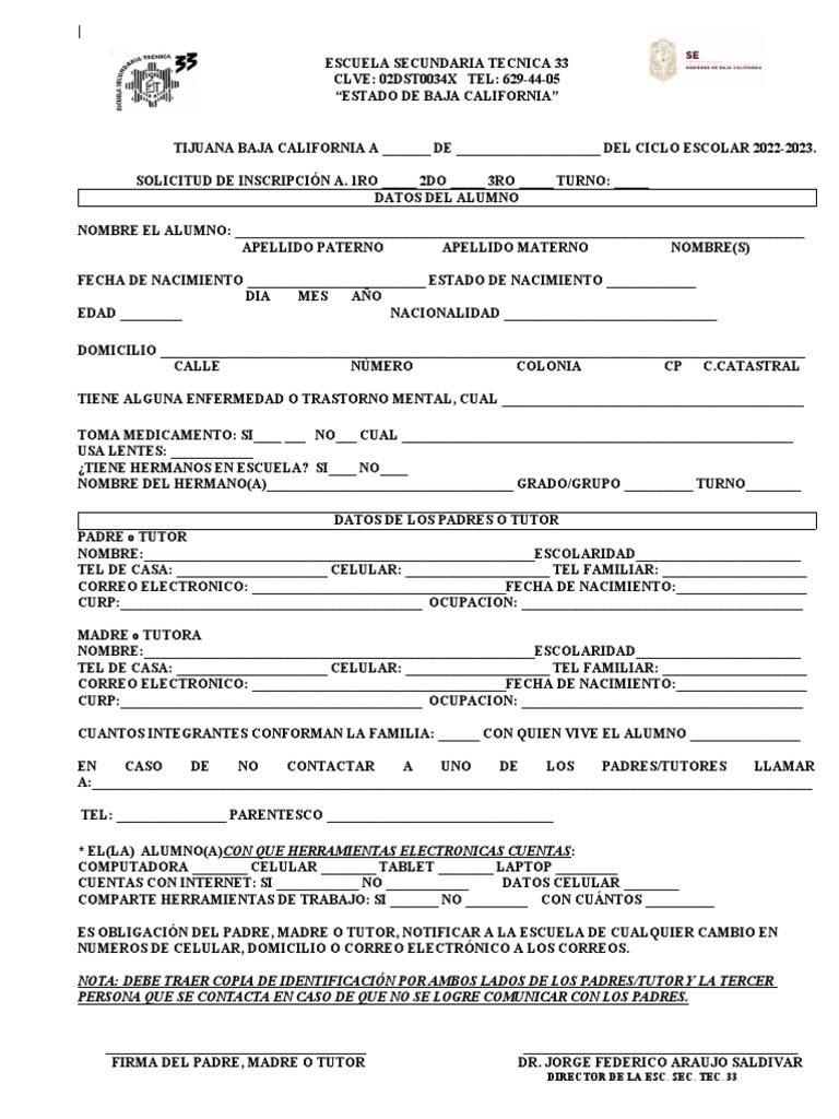 FICHA DE INSCRIPCION CICLO ESCOLAR 2022-.2023docx | PDF