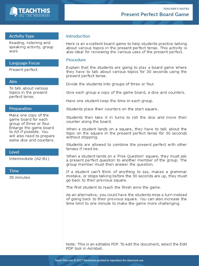 Present Perfect Board Game | PDF | English As A Second Or Foreign ...