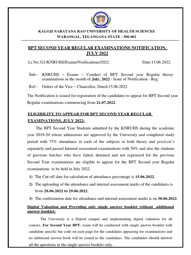 BPT Second Year Exam Notification 2022 | PDF | Test (Assessment)