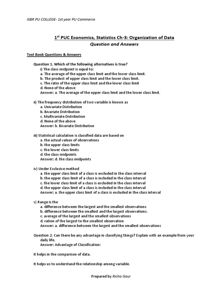 1 PUC Economics, Statistics Ch-3: Organization of Data: Question and Answers | PDF | Probability ...