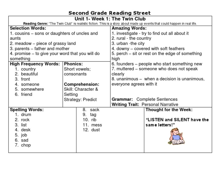 Second Grade Reading Street Unit 1-Week 1: The Twin Club: Selection ...