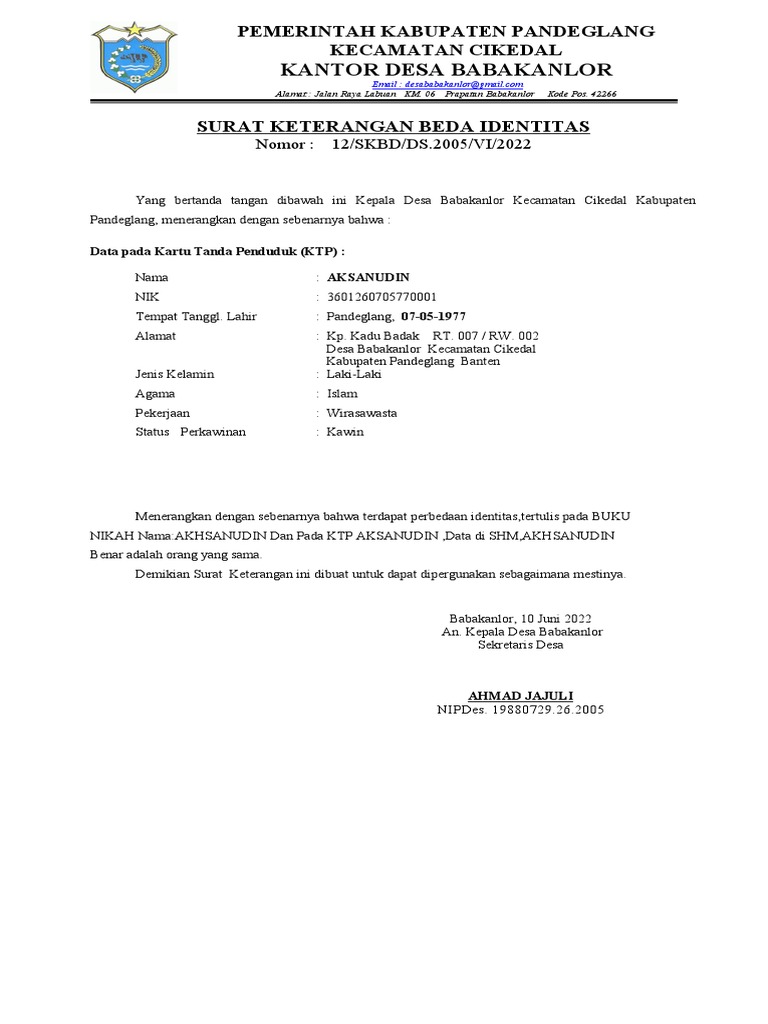 Surat Keterangan Beda Data | PDF