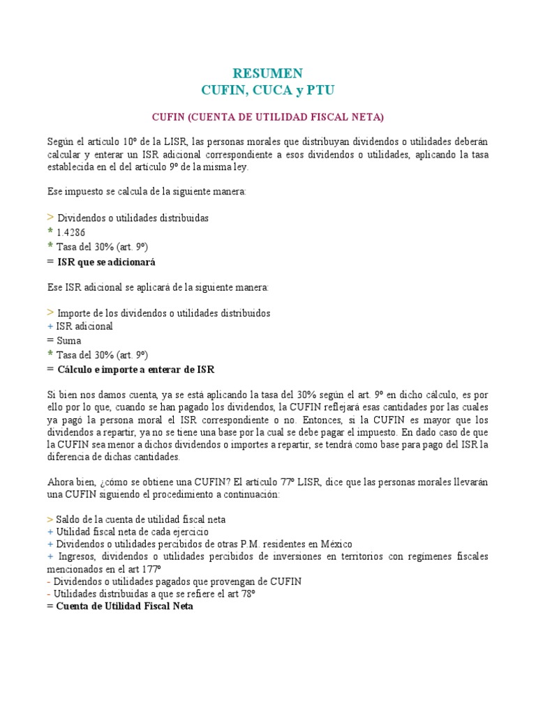 Cálculo de CUFIN, CUCA y PTU en ISR | PDF | Impuesto sobre la renta ...