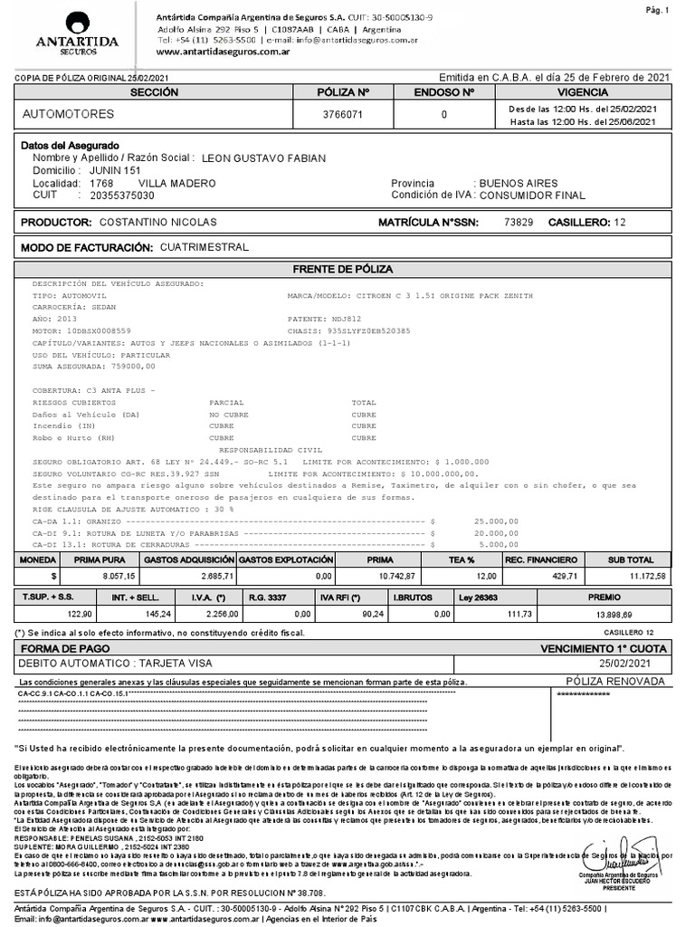 Póliza de seguro de automotor C3 2013 | PDF | Póliza de seguros | Seguro
