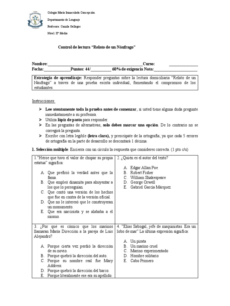 Control de Lectura: Relato de un Náufrago | PDF