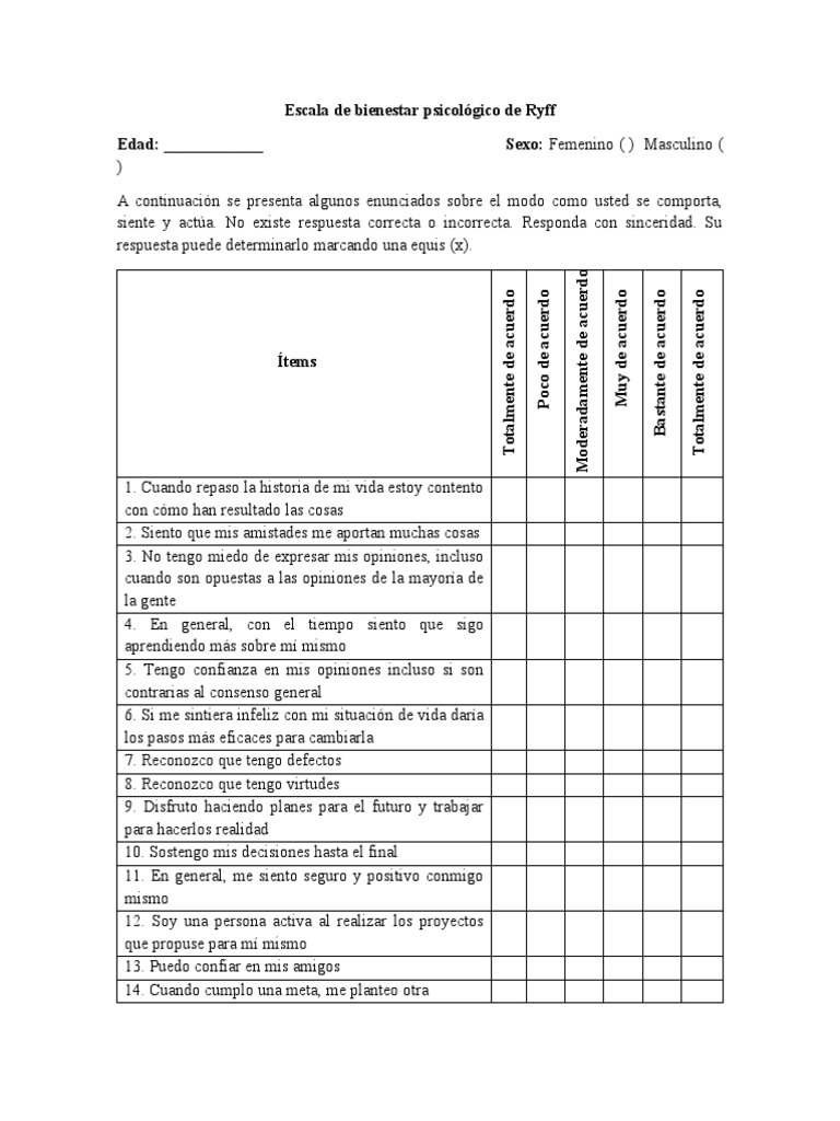 Escala de Bienestar Psicológico de Ryff | PDF