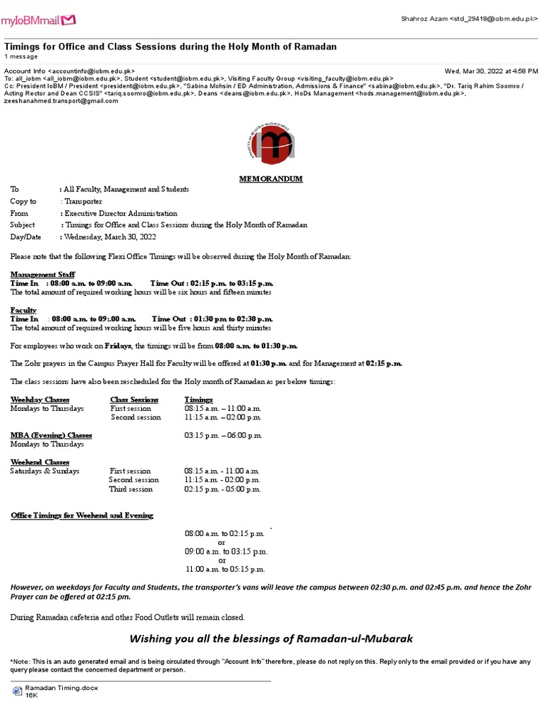 Institute of Business Management Mail - Timings For Office and Class ...