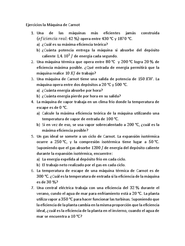 Ejercicios La Máquina de Carnot | PDF | Temperatura | Cantidad
