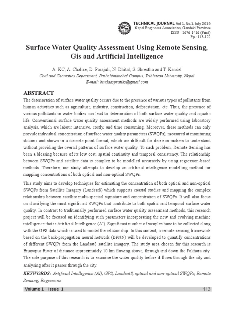 Surface Water Quality Assessment Using Remote Sensing, Gis and ...
