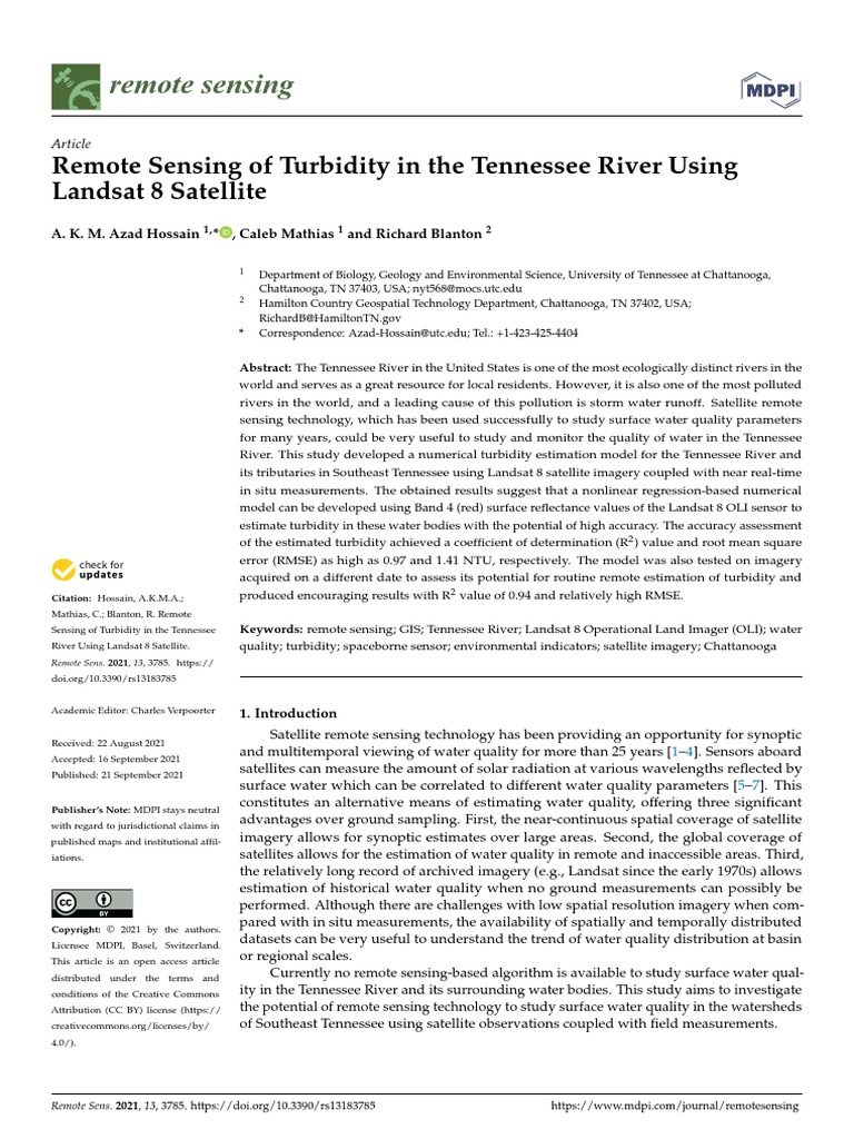 Remote Sensing: Remote Sensing of Turbidity in The Tennessee River Using Landsat 8 Satellite ...