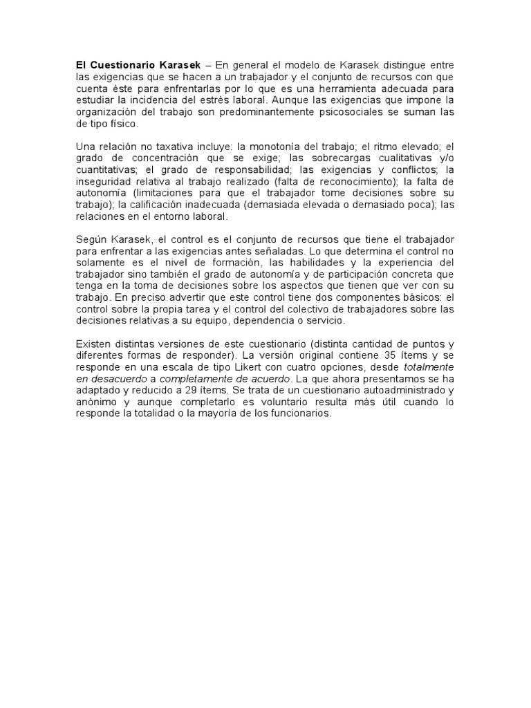 Cuestionario de Karasek sobre Estrés Laboral | PDF | Cuestionario ...