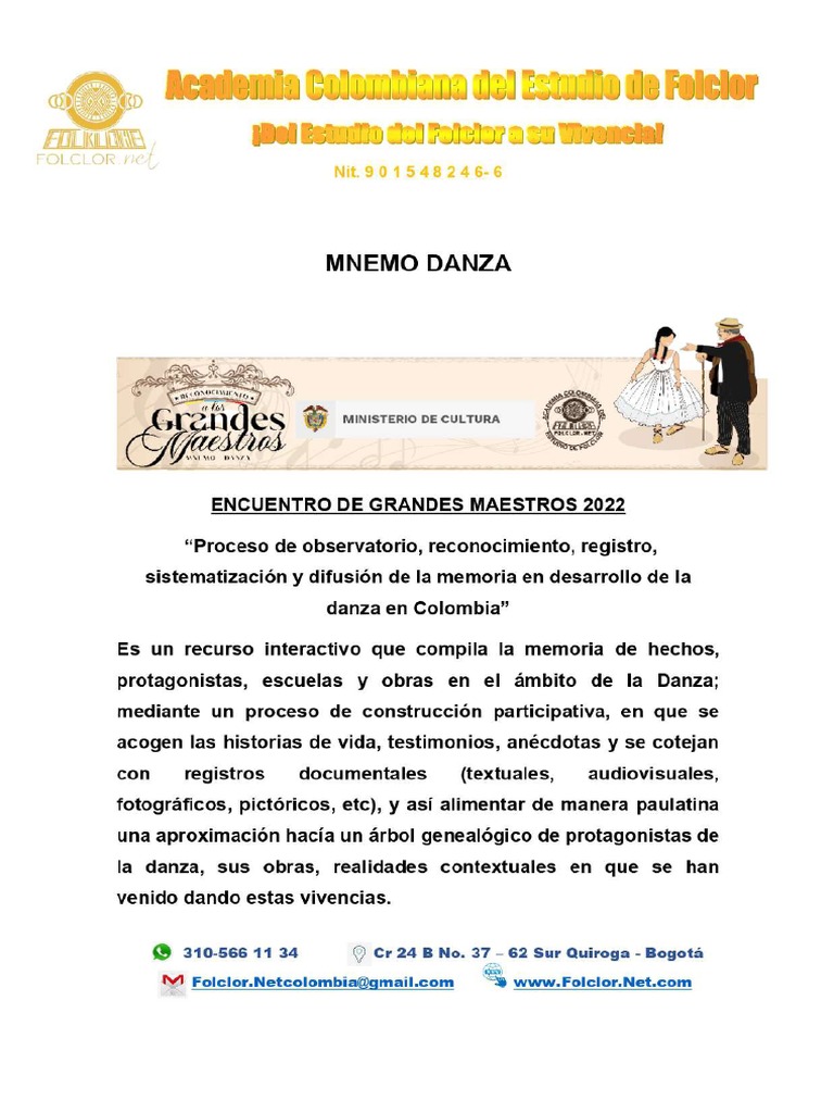 Proyecto Mnemo Danza, Encuentro de Grandes Maestros | PDF