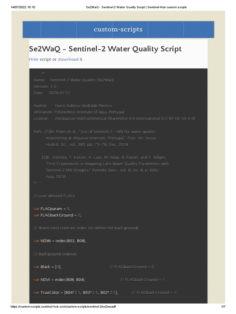 0 Se2waq Sentinel 2 Water Quality Script Sentinel Hub Custom Scripts Pdf Water Earth