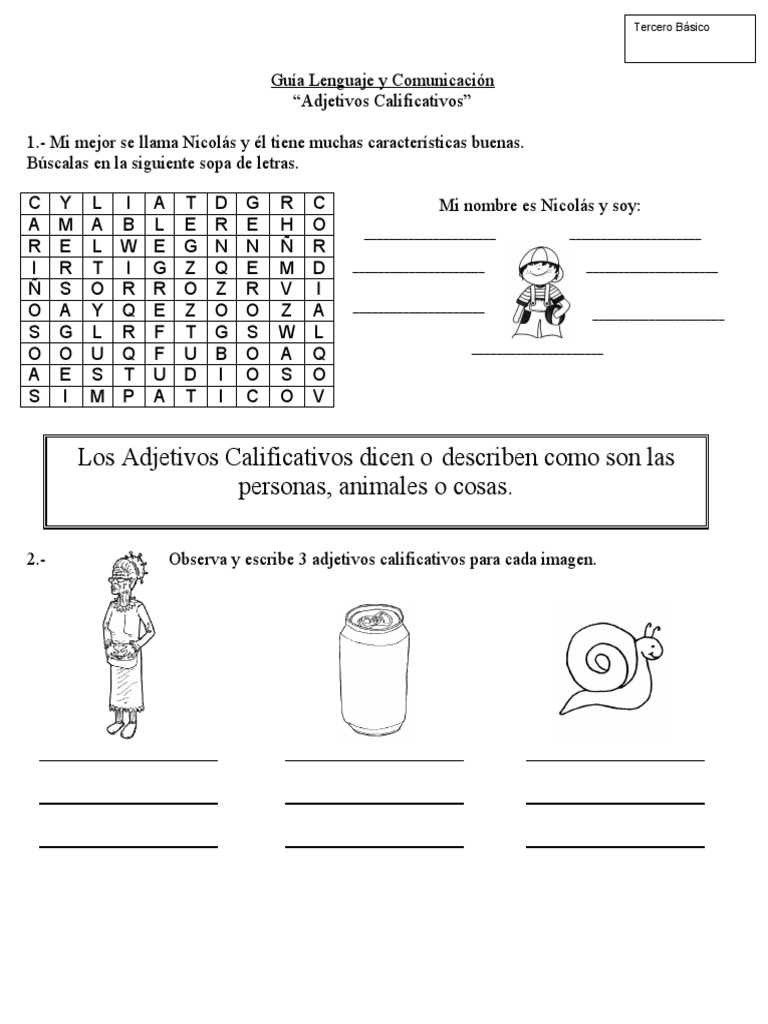 Guia Lenguaje Adjetivos Calificativos 3ero Basico | PDF