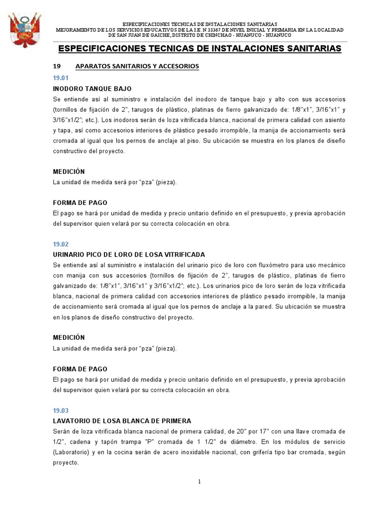 03 Especificaciones Sanitarias | PDF | Tubería (transporte de fluidos) | Hormigón