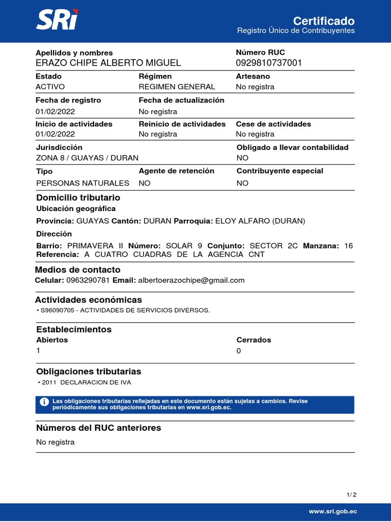 Certificado de Servicios Diversos RUC 0929810737001 | PDF