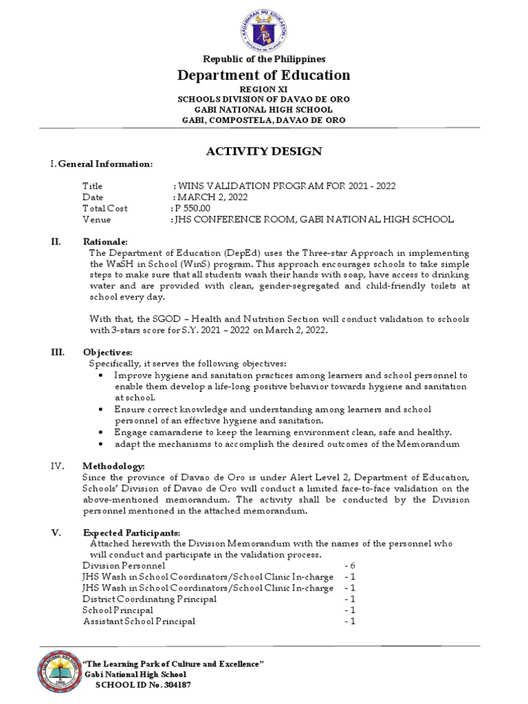 WinS Division Validation activity design | PDF | Sanitation | Learning