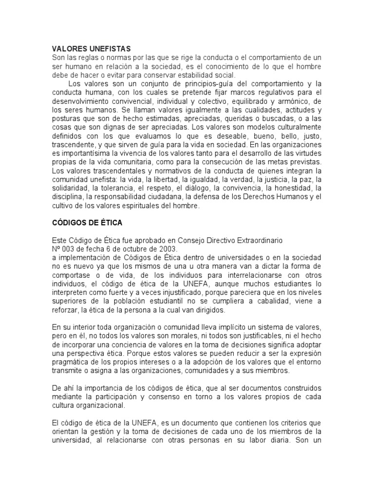 Valores y Código de Ética UNEFA | PDF | Comportamiento | Toma de decisiones