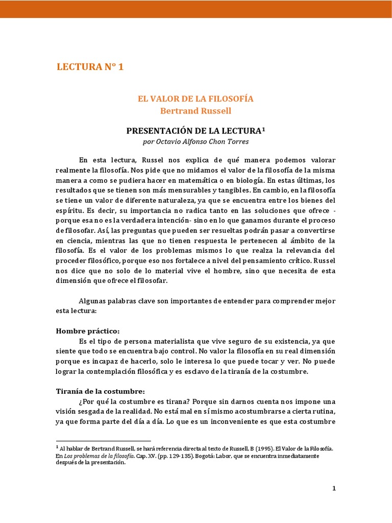 Lectura 1 El Valor de La Filosofia | PDF | Conocimiento | Verdad