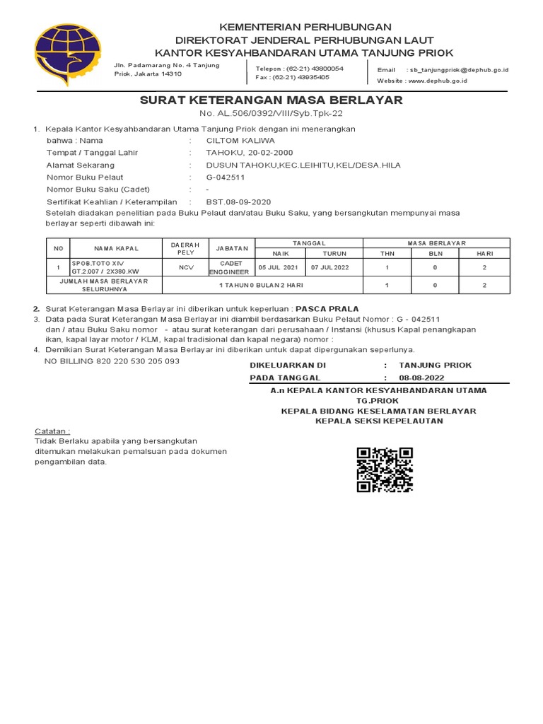 Surat Keterangan Masa Berlayar Pelaut | PDF