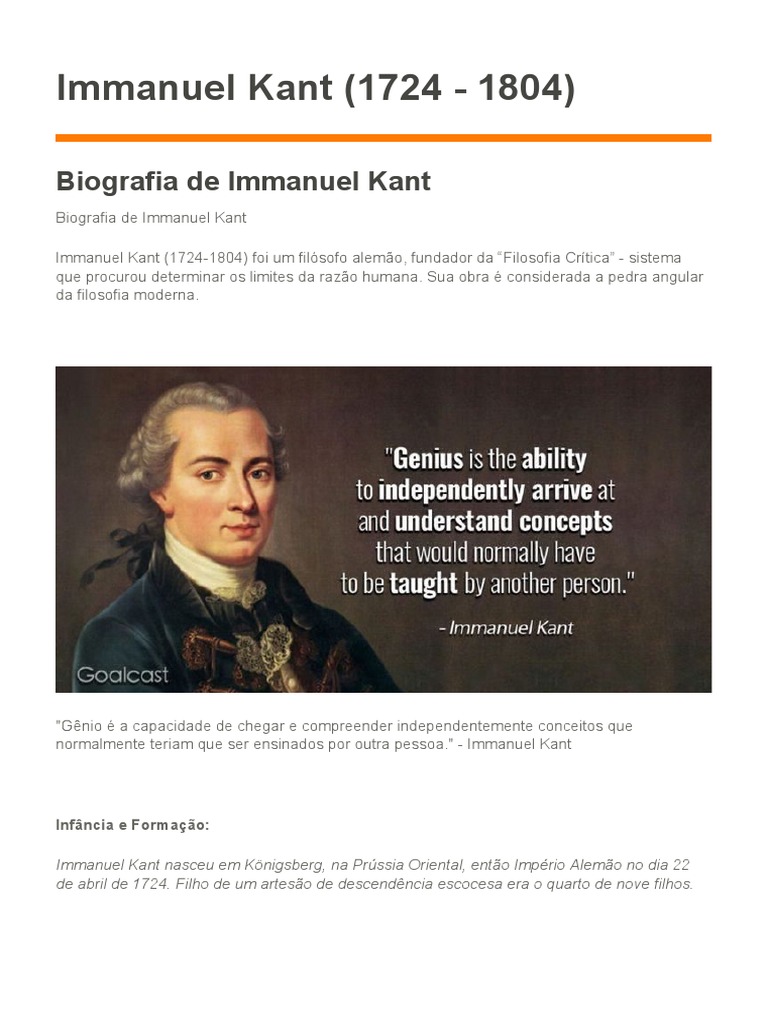A Vida e Obra do Filósofo Alemão Immanuel Kant: Fundador da Filosofia Crítica | PDF | Immanuel ...