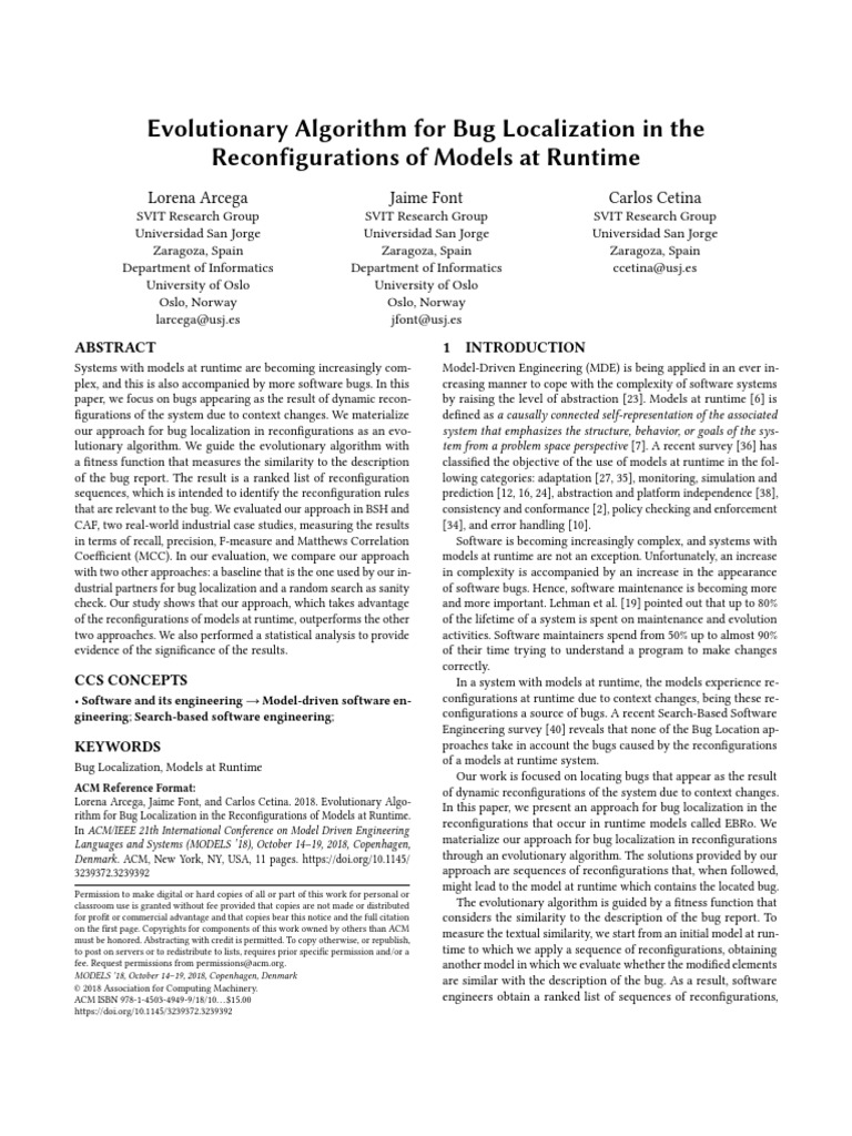 Evolutionary Algorithm For Bug Localization in The Reconfigurations of Models at Runtime | PDF